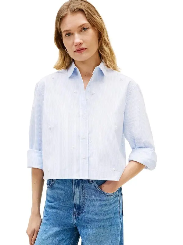 Tommy Hilfiger Embellished Cropped Poplin Shirt - Vessel Blue