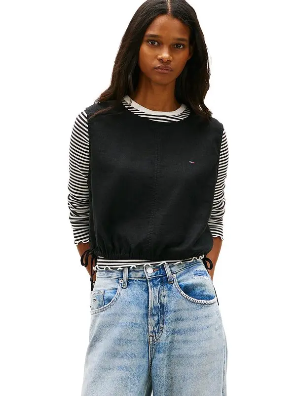 Tommy Hilfiger Sleeveless Linen-blend Top With Adjustable Side Ties - Black