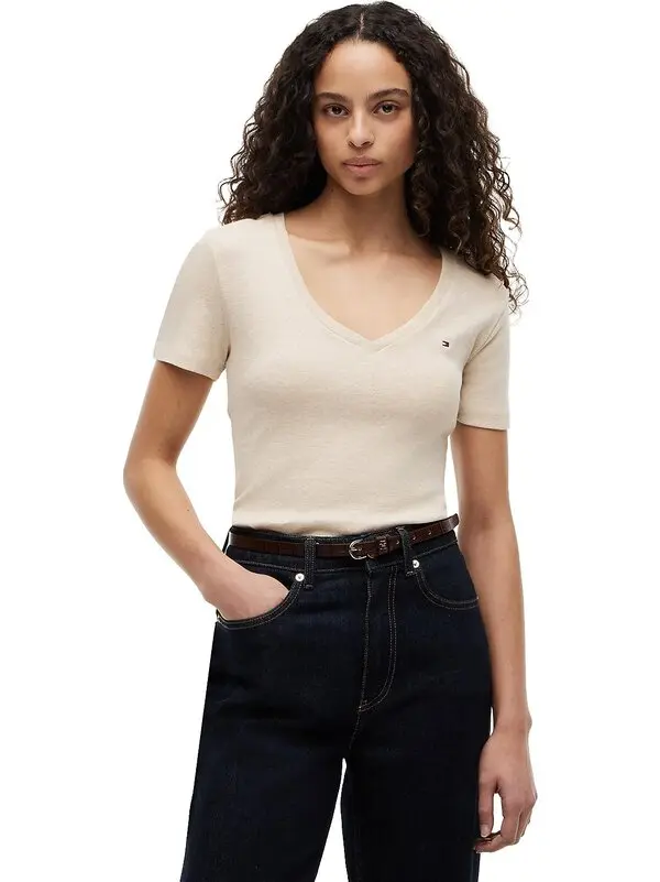 Tommy Hilfiger V-neck T-shirt In Beige - Beige Heather