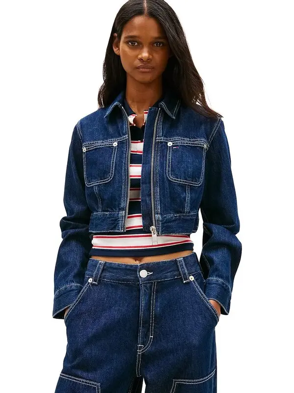 Tommy Hilfiger Cropped Denim Zip Jacket - Denim Dark