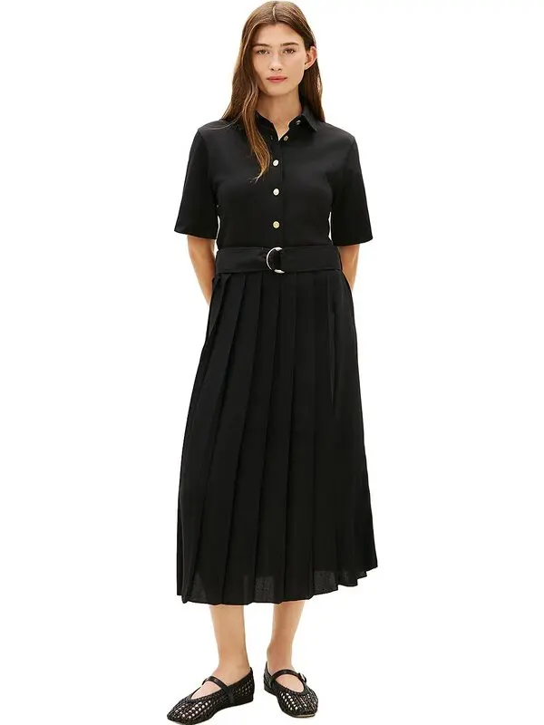 Tommy Hilfiger Mixed Media Pleated Midi Dress - Black
