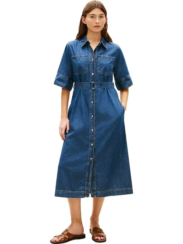 Tommy Hilfiger Belted Denim Midi Shirt Dress - Washed Denim