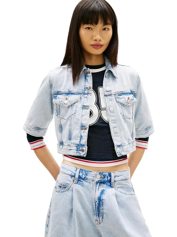 Tommy Hilfiger Cropped Denim Jacket With Half Sleeves - Denim Light