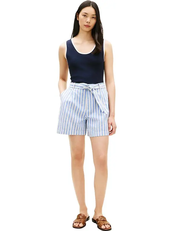 Tommy Hilfiger Belted Striped Linen-blend Shorts - Blue Spell