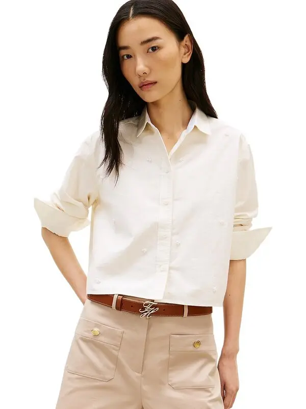 Tommy Hilfiger Embellished Cropped Poplin Shirt - Ecru
