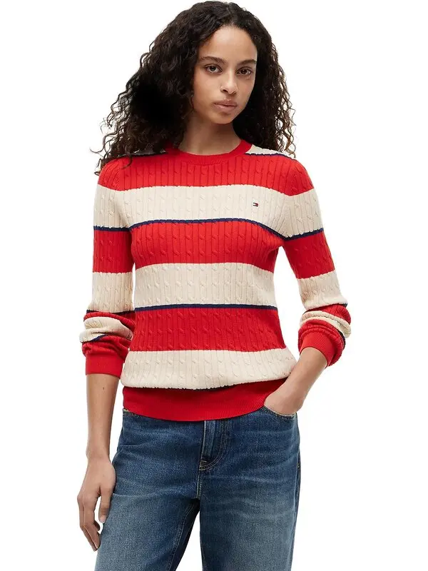 Tommy Hilfiger Rugby Stripe Cable Knit Sweater - Fierce Red