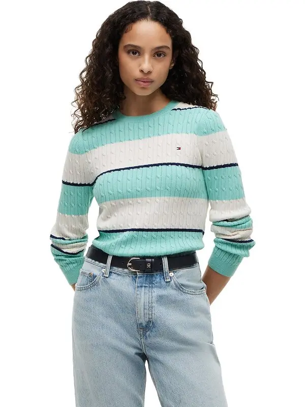 Tommy Hilfiger Rugby Stripe Cable Knit Sweater - Mint Green Stripe
