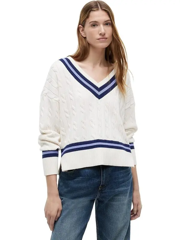 Tommy Hilfiger Cable Knit Cricket V-neck Sweater - Ivory Silk