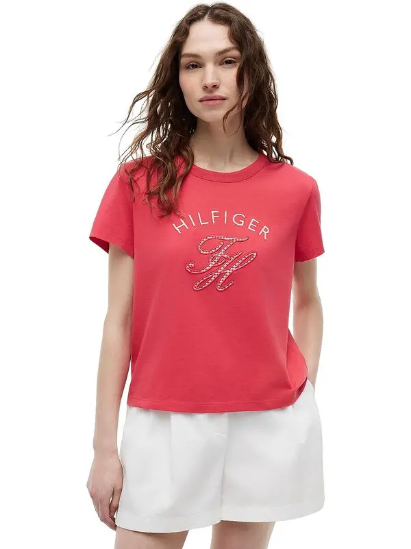 Tommy Hilfiger Gingham Script Monogram T-shirt - Bold Rose