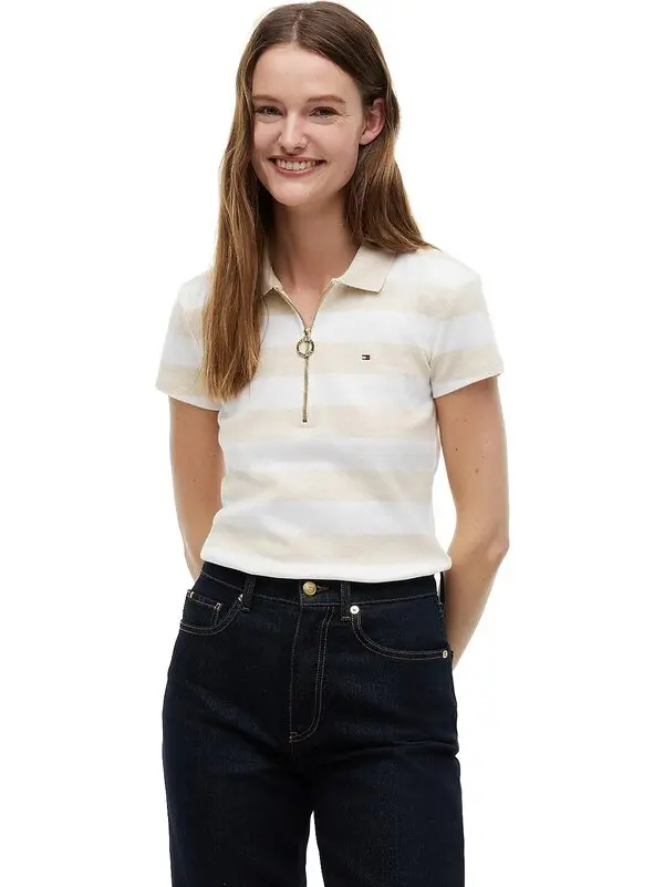 Tommy Hilfiger Striped Zip Polo - Beige Heather