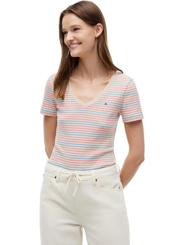 Tommy Hilfiger Striped V-neck T-shirt - Beige Heather Stripe