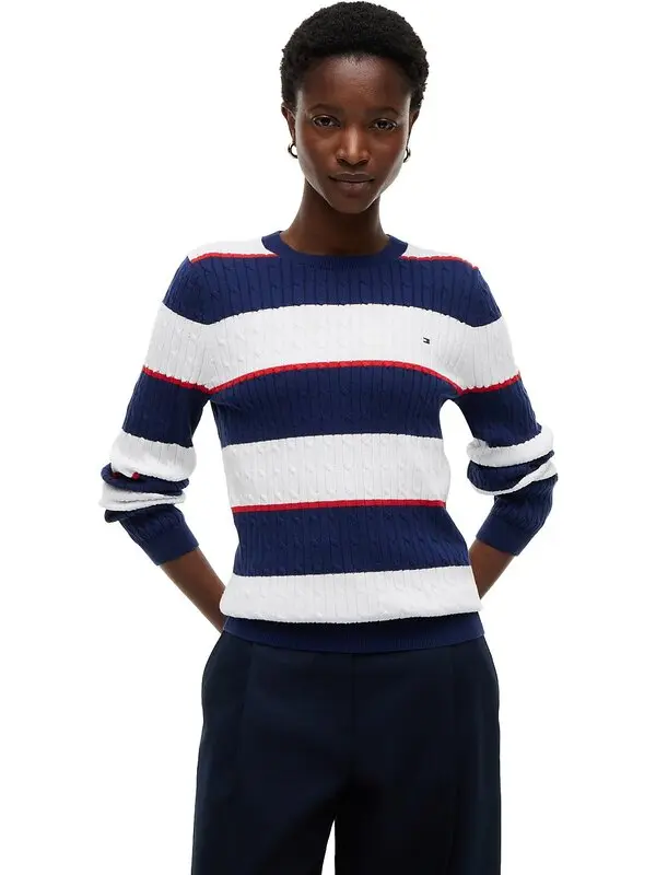 Tommy Hilfiger Rugby Stripe Cable Knit Sweater - Optic White