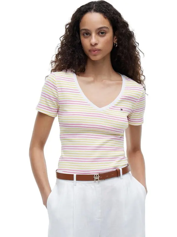 Tommy Hilfiger V-neck Striped T-shirt - Optic White Multi