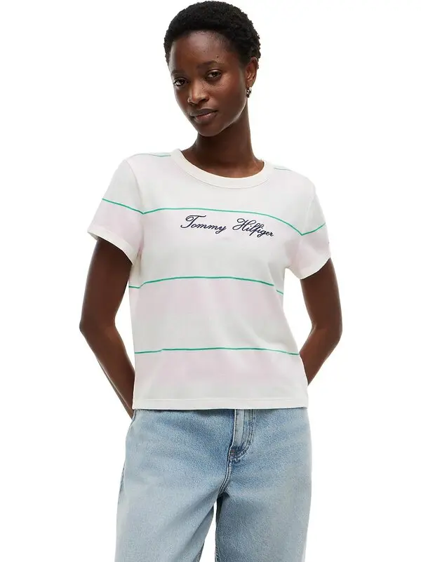 Tommy Hilfiger Embroidered Script Logo Striped T-shirt - Pink Lily