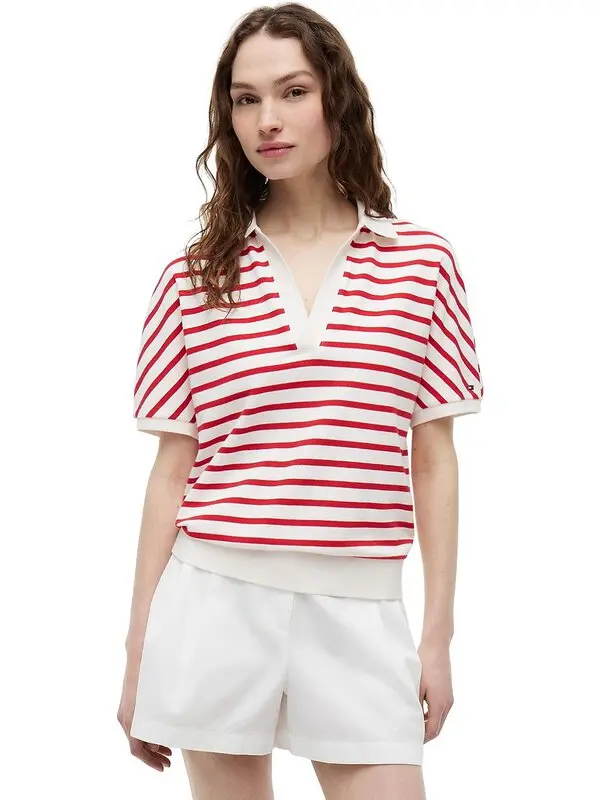 Tommy Hilfiger Heathered Stripe Relaxed Fit Polo - Ivory Silk / Red Stripe