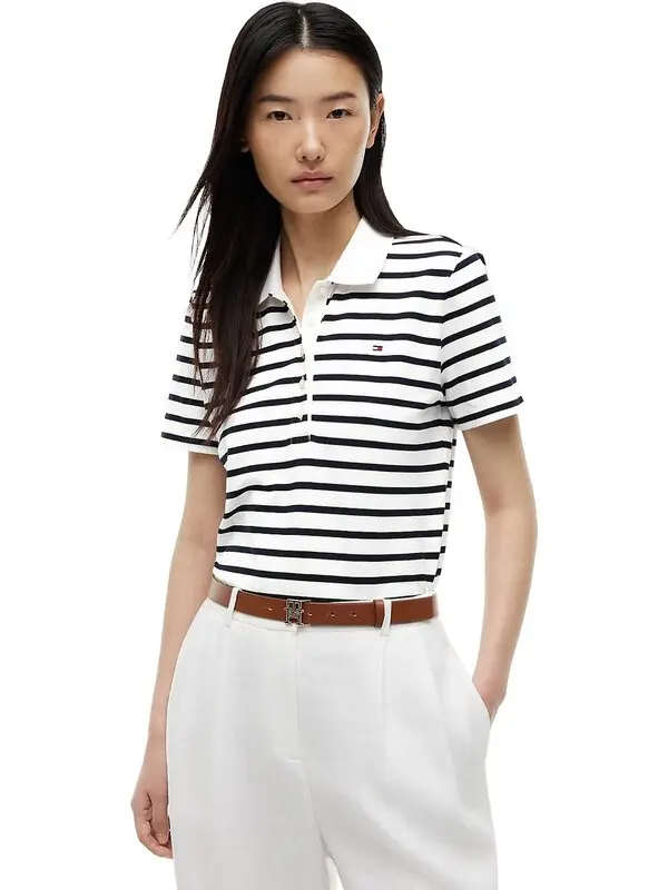 Tommy Hilfiger Classic Fit Striped Stretch Pique Polo - Ecru / Navy Blue Stripe