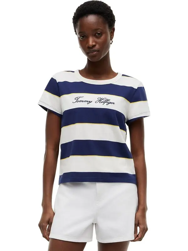 Tommy Hilfiger Embroidered Script Logo Striped T-shirt - Ivory Silk