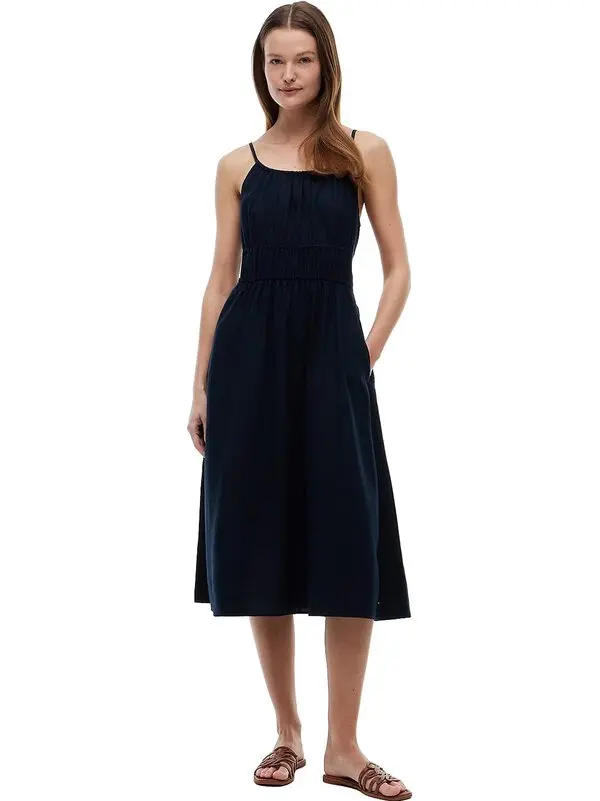 Tommy Hilfiger Shirred Linen-blend Midi Dress - Navy Blue