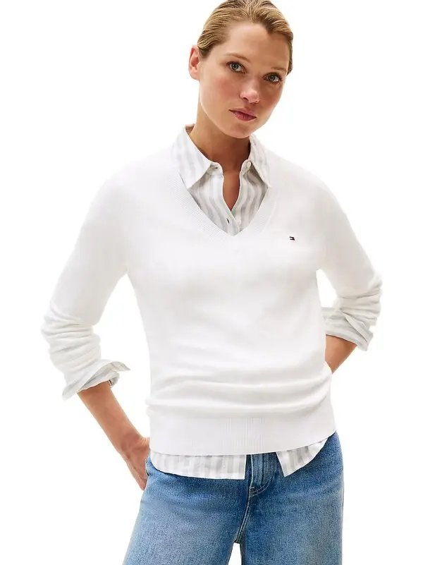 Tommy Hilfiger V-neck Viscose Blend Sweater - Ecru