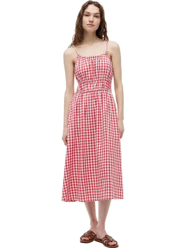 Tommy Hilfiger Gingham Shirred Midi Dress - Bold Rose