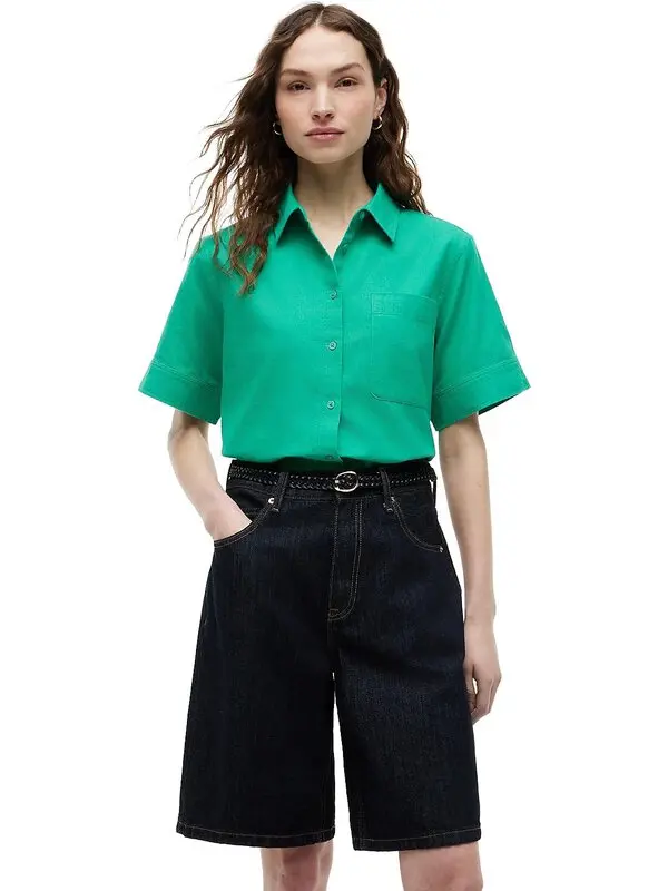 Tommy Hilfiger Short-sleeve Linen-blend Shirt - Cosmic Green