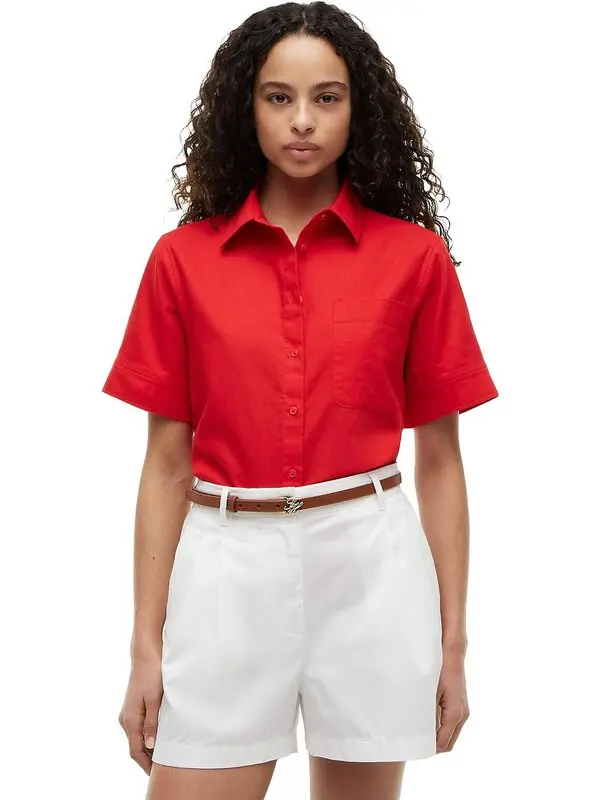Tommy Hilfiger Short-sleeve Linen-blend Shirt - Deep Crimson
