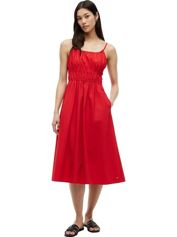 Tommy Hilfiger Shirred Poplin Midi Dress - Fierce Red
