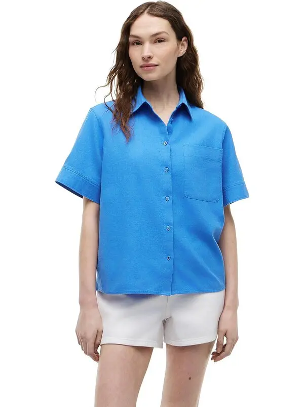 Tommy Hilfiger Short-sleeve Linen-blend Shirt - Siren Blue