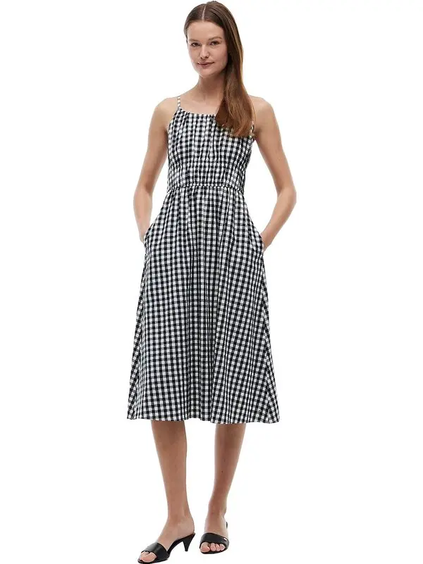 Tommy Hilfiger Gingham Shirred Linen-blend Midi Dress - Navy Blue