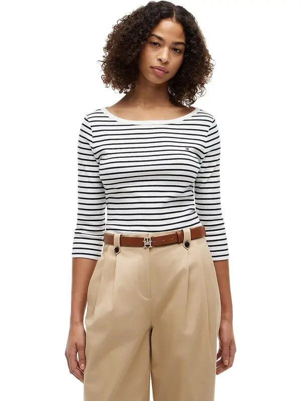 Tommy Hilfiger Striped Boatneck T-shirt With 3/4 Sleeves - Navy Blue / Ecru Stripe