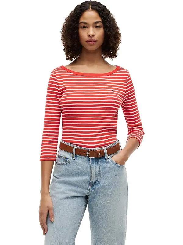 Tommy Hilfiger Slim Fit Boatneck Striped T-shirt - Fire Red / Ecru Stripe