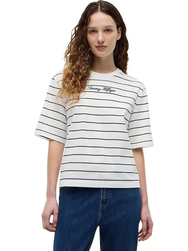 Tommy Hilfiger Relaxed Fit Embroidered Script T-shirt - Navy Blue / Ivory Stripe