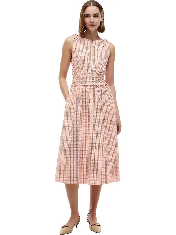 Tommy Hilfiger Shirred Gingham Seersucker Midi Dress - Orange Gingham