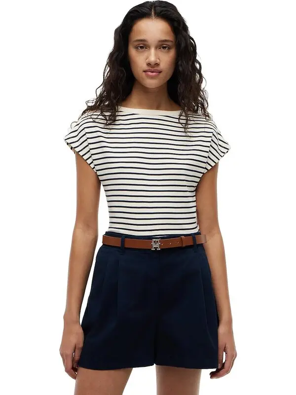 Tommy Hilfiger Striped Boatneck T-shirt With Gold-tone Button Detail - Calico / Navy Blue Stripe