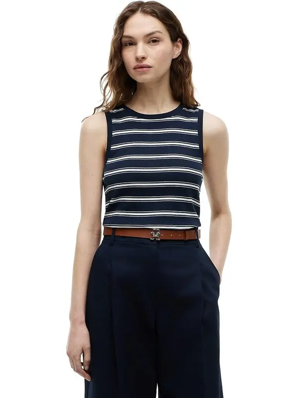 Tommy Hilfiger Striped Ribbed Cotton Tank Top - Navy Blue / Ecru Stripe