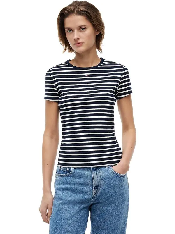 Tommy Hilfiger Slim Stretch Ribbed T-shirt - Navy Blue / Ecru Stripe