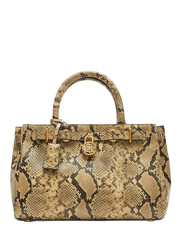 Tommy Hilfiger Snake-embossed Leather Mini Tote Bag With Monogram Padlock Charm - Neutral Snake