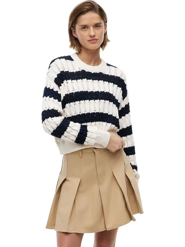 Tommy Hilfiger Striped Cable Knit Sweater - Navy Blue / Ecru Stripe