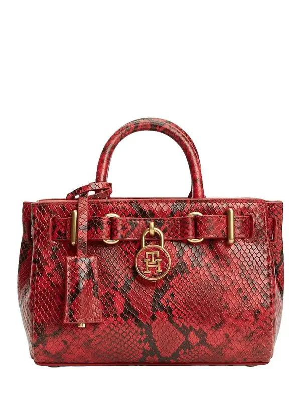 Tommy Hilfiger Snake-embossed Leather Micro Tote Bag With Monogram Padlock Charm - Red Snake