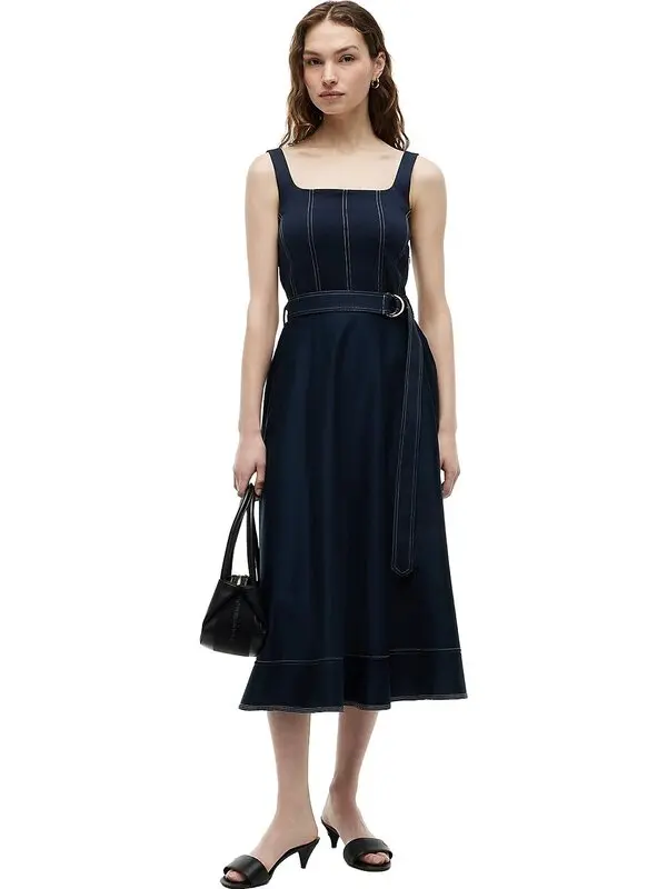 Tommy Hilfiger Contrast Stitch Belted Midi Dress - Dark Night Navy