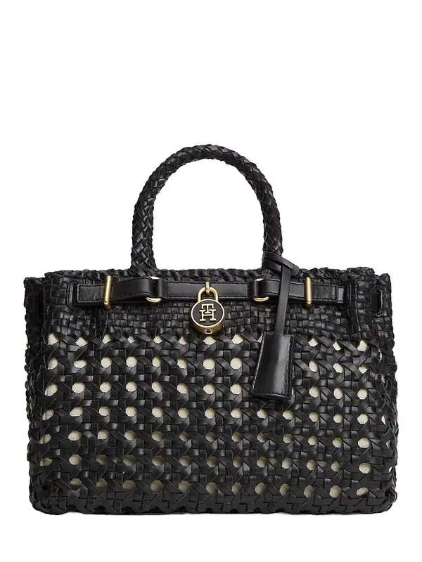 Tommy Hilfiger Woven Leather Mini Tote Bag - Black