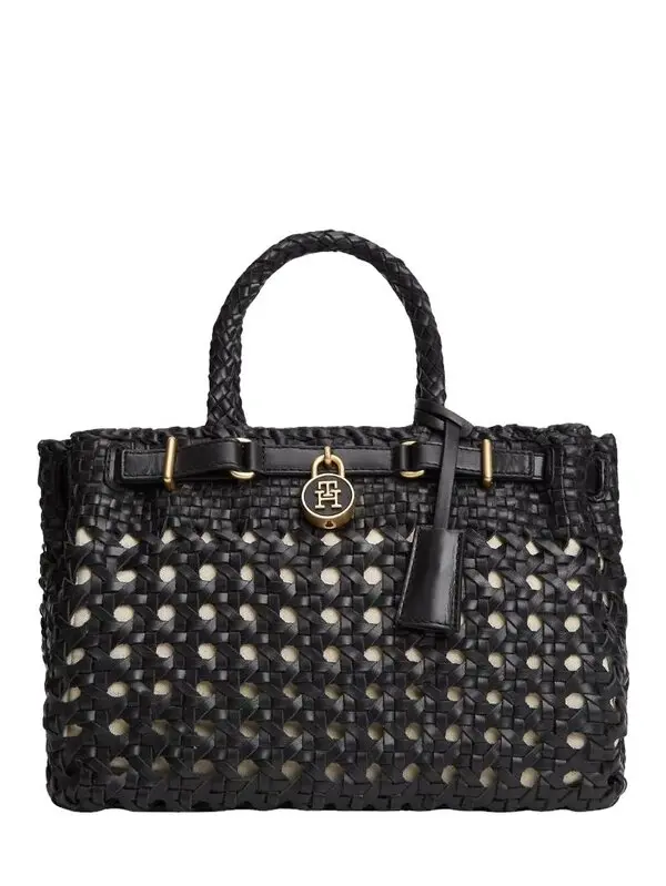 Tommy Hilfiger Woven Leather Tote Bag - Black