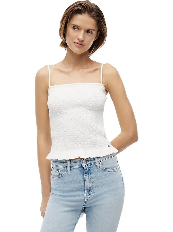 Tommy Hilfiger Shirred Tank Top With Ruffle Trim - Ancient White