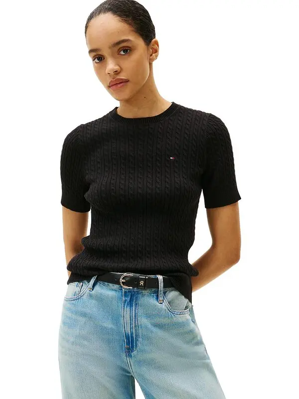 Tommy Hilfiger Short Sleeve Cable Knit Sweater - Black