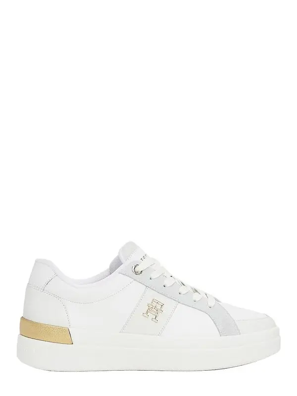 Tommy Hilfiger Leather Court Sneakers With Metallic Heel Detail - White