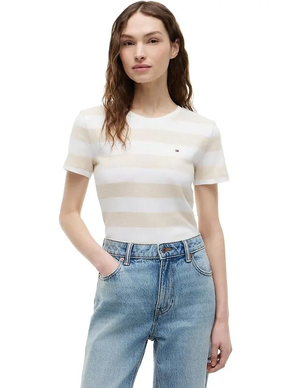 Tommy Hilfiger Striped Cotton Crewneck T-shirt - Beige Heather Stripe