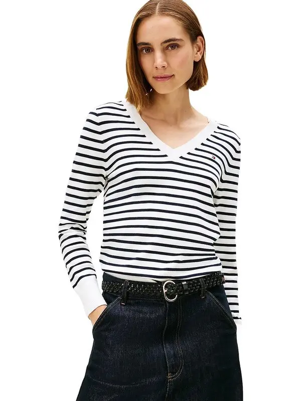 Tommy Hilfiger Striped V-neck Sweater - Ecru