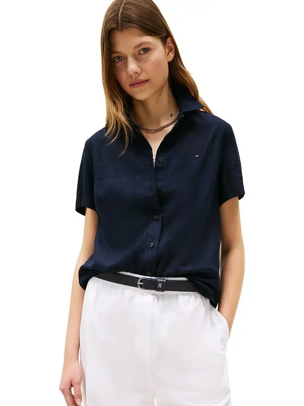 Tommy Hilfiger Short Sleeve Linen-blend Shirt - Navy