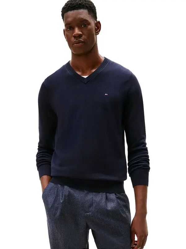 Tommy Hilfiger Solid Logo V-neck Sweater - Navy
