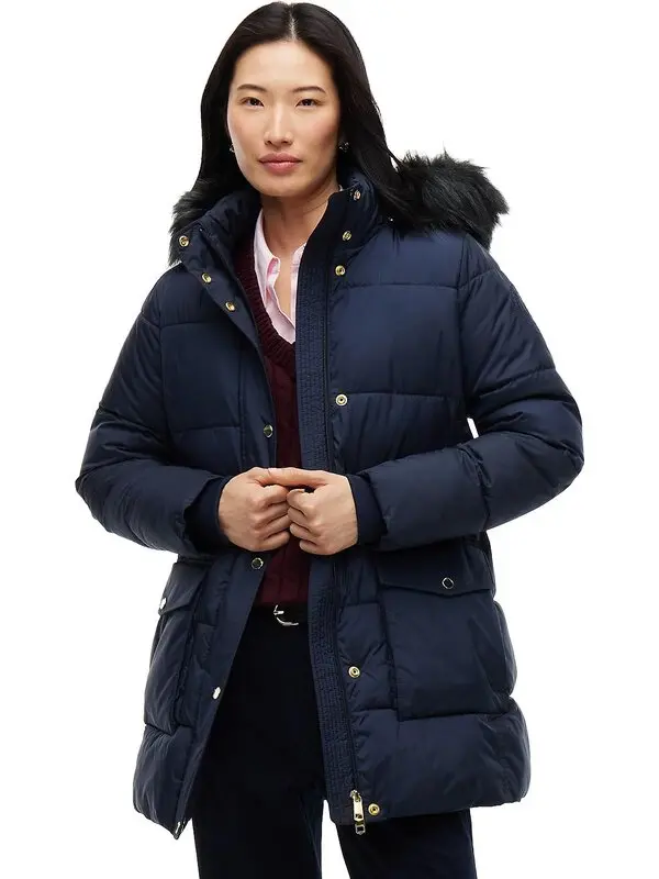 Tommy Hilfiger Quilted Hooded Puffer Coat With Faux Fur Trim - Navy Blue